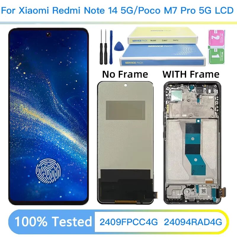 6,67 " протестировано для Xiaomi Redmi Note 14 5G 24094RAD4G ЖК-дисплей с сенсорным дигитайзером для Poco M7 Pro 5G 2409FPCC4G дисплей AMOLED Purple Frame