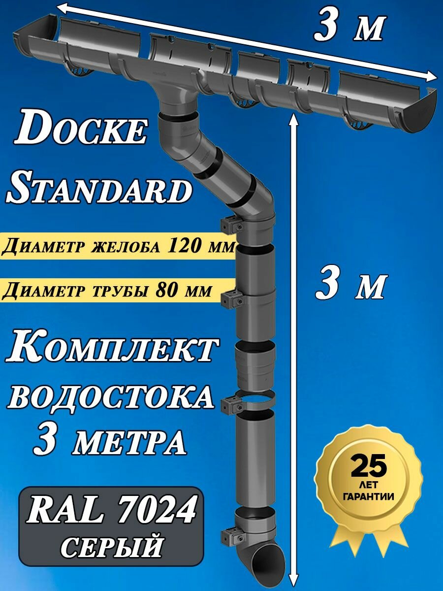 Водосток для крыши Docke Standard 3 м ( 120 мм / 80 мм ) водосточная система для дома размер 3х3м пластиковый Деке Стандарт ( цвет RAL 7024 серый графит ) комплект ПВХ Standart