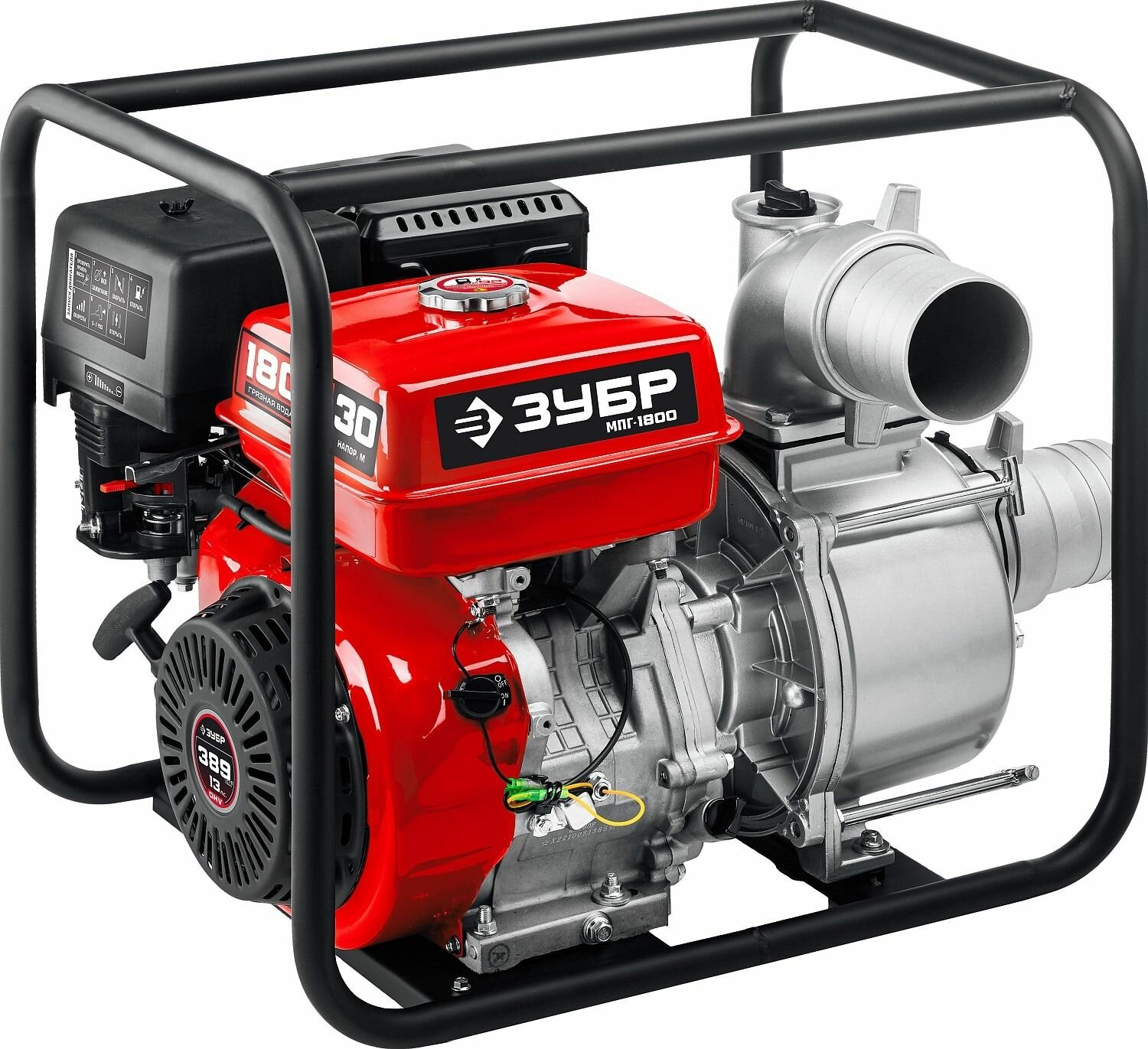 Мотопомпа бензиновая МПГ-1800, ЗУБР 1800 л/мин (108 м3/ч), для грязной воды, напор 30 м, всасывание 8 м