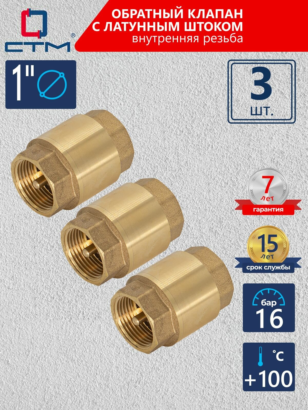 Обратный клапан 1 дюйм, для воды, скваживного насоса, с латунным штоком, 3 шт