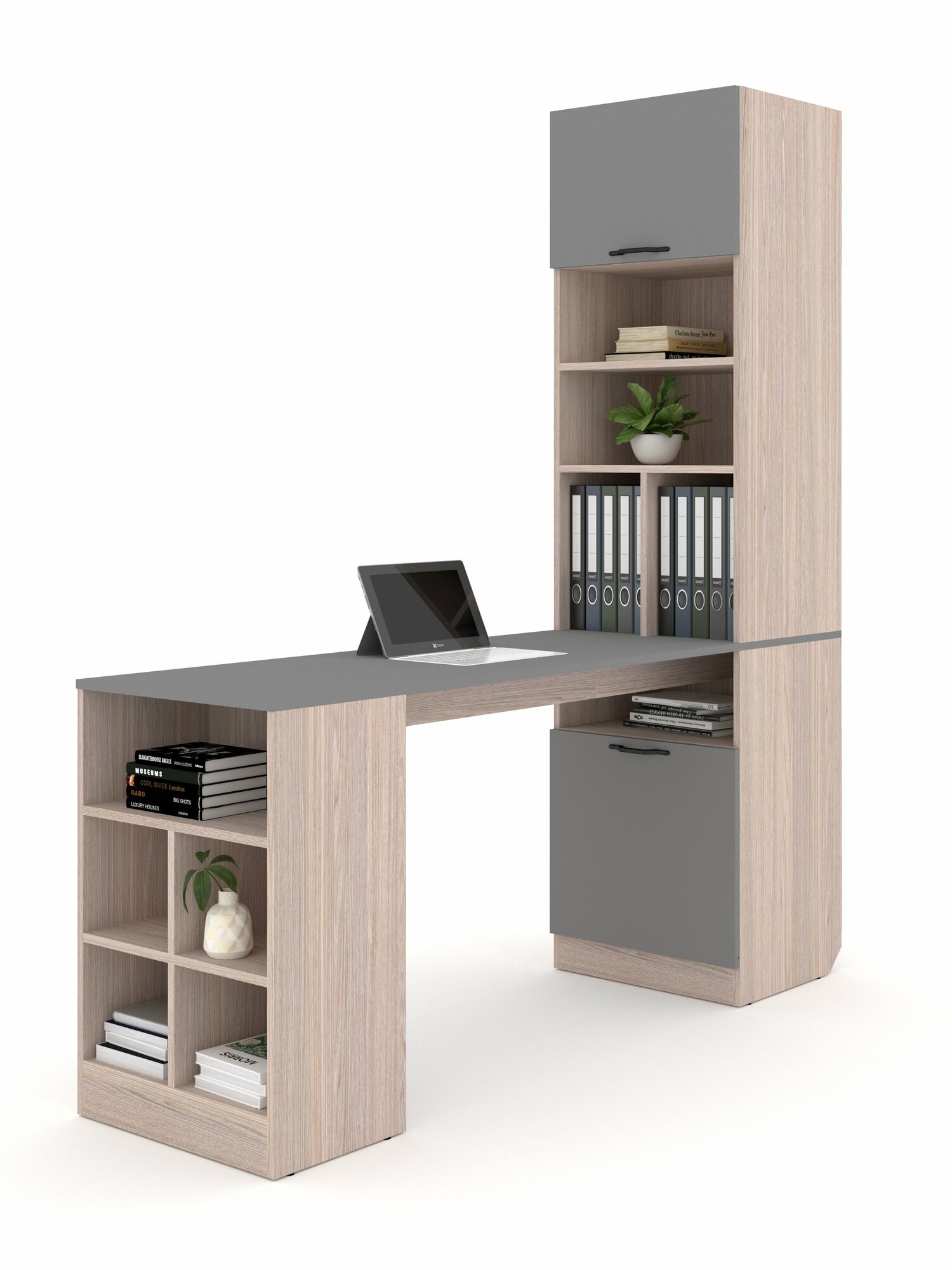 Есэндвич Лаворо 11 Компьютерный стол со стеллажом 170х190х50 см (Анкор светлый/Вулканический серый)