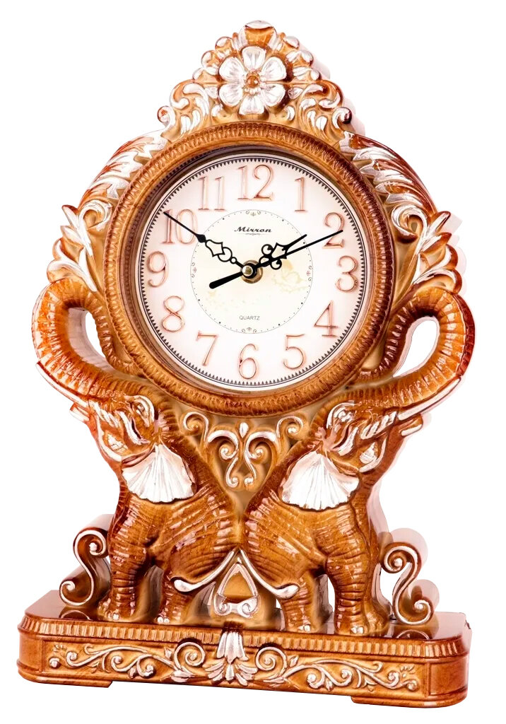 Фигурные настольные часы MIRRON P3011B СБ/Часы со слонами/Часы с узорами/Светлый коричневый цвет корпуса/Светлый циферблат/Часы в комнату, спальню/Домашний декор/Накладные цифры