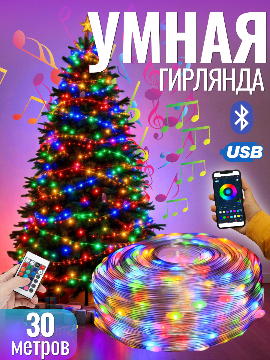 Умная гирлянда RGB с управлением через смартфон, пульт ДУ, 30 метров