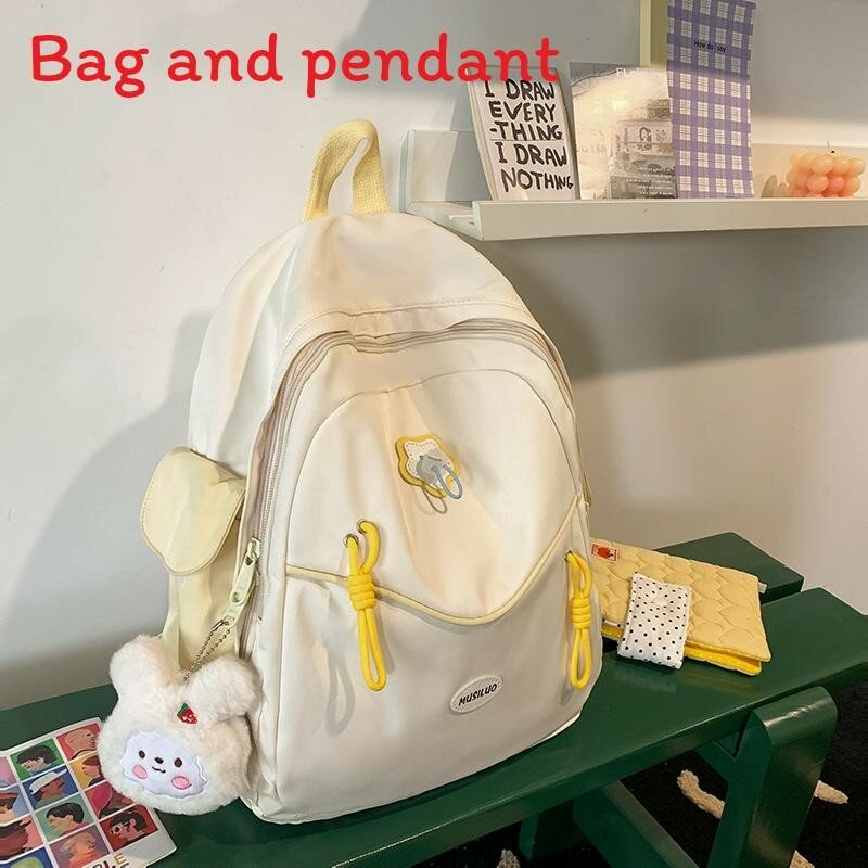 Student backpack trendy color blocking star drawstring decoration with pendant white