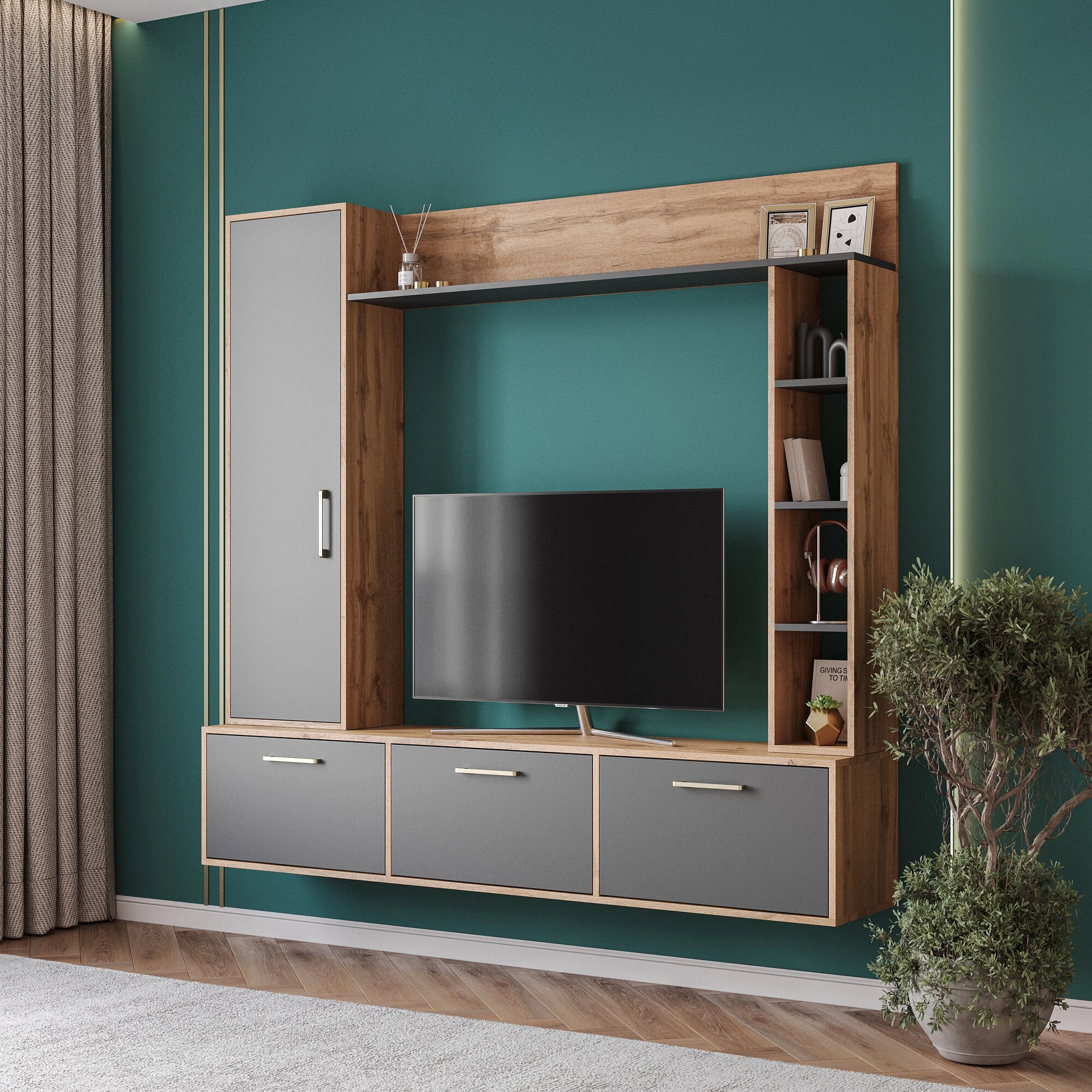 Модульная гостиная DIWO Кострома 180-2 дуб вотан, антрацит, ручка золото