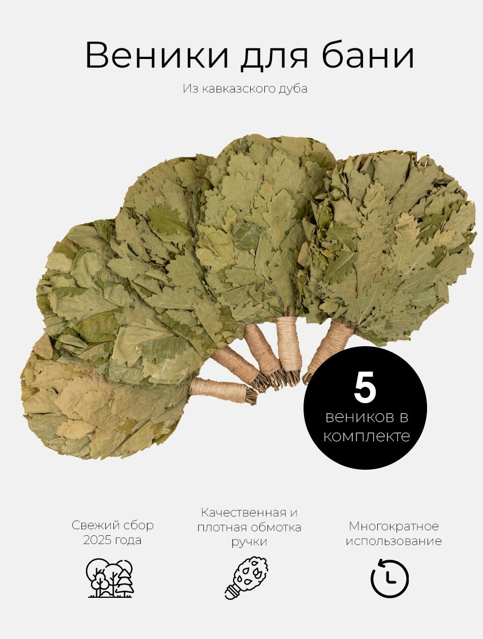 Набор из 5 веников для бани Woodson Премиум из дуба кавказского с прочной обмоткой, свежий сбор