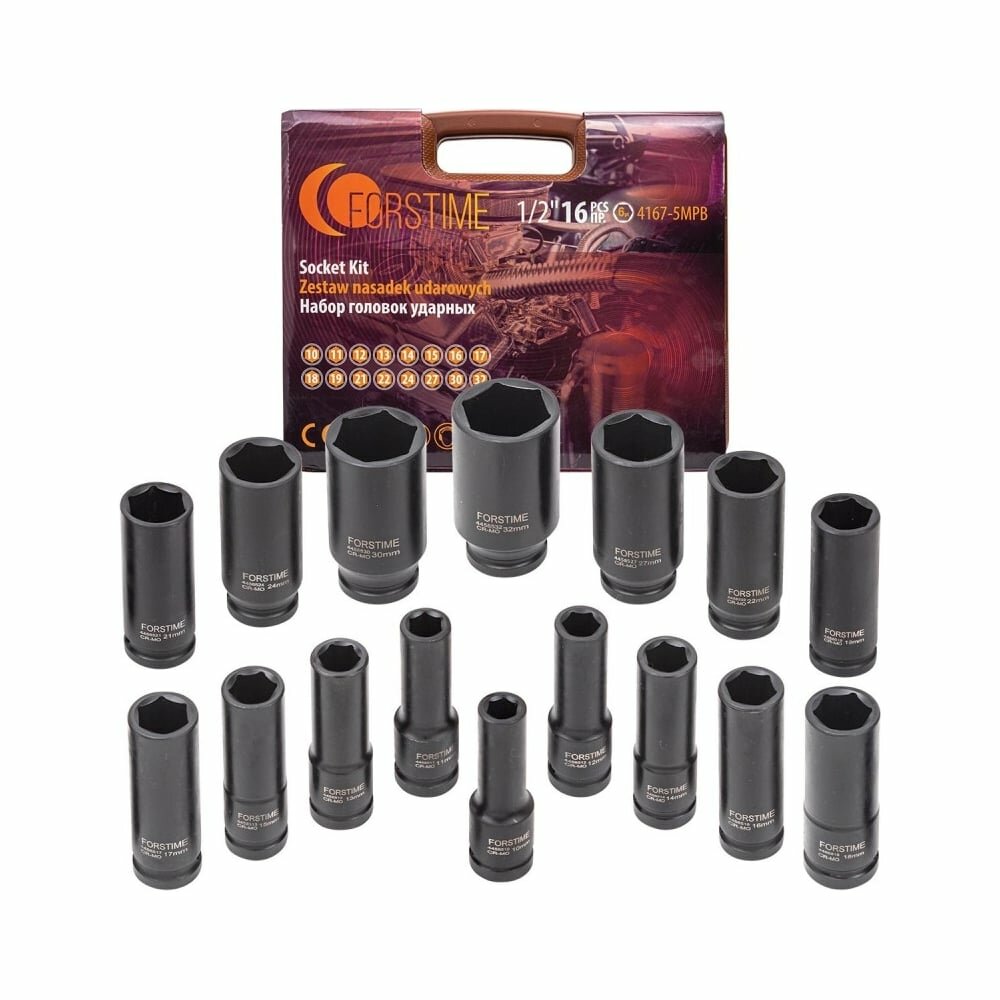 Набор головок ударных глубоких 16 предметов, 1/2' DR, 6-гранные, в кейсе FORSTIME FT-4167-5MPB(52557)