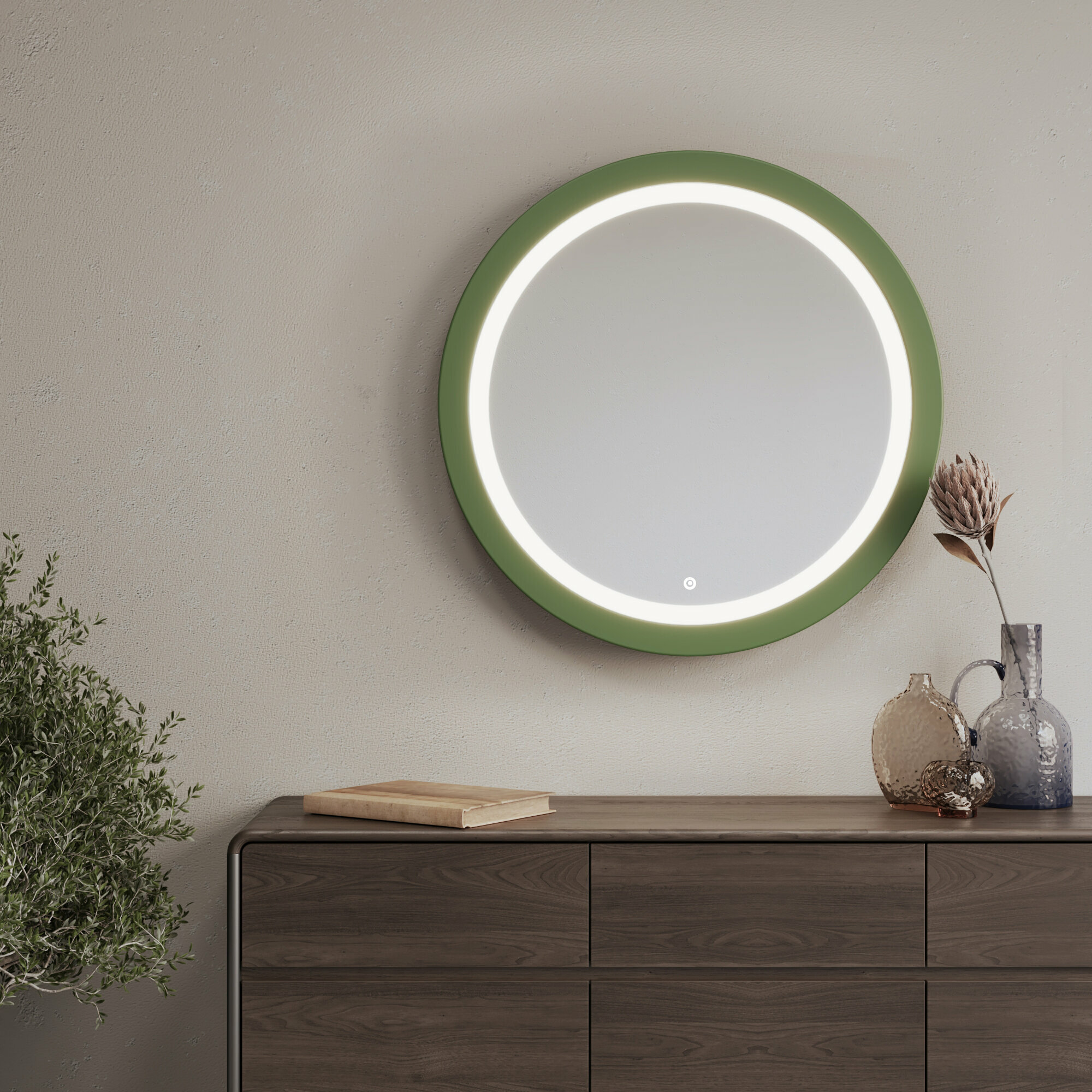 Большое зеркало в раме круглое Gloines Эстетик О Контур d110 зеленое