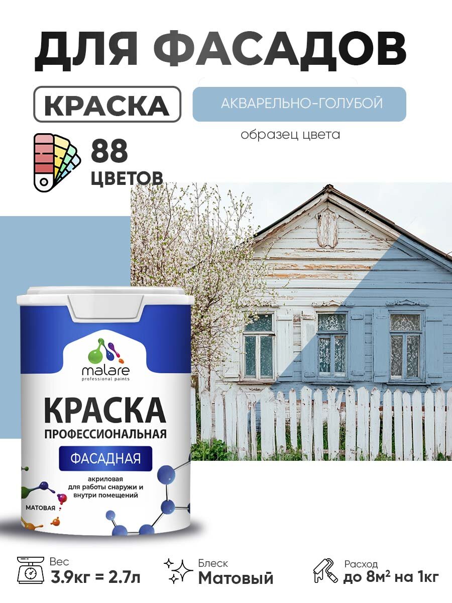 Краска Malare Professional фасадная по дереву, бетону и штукатурке, для камня и кирпича, без запаха, матовая, акварельно-голубой, (2.7л - 3.9кг)