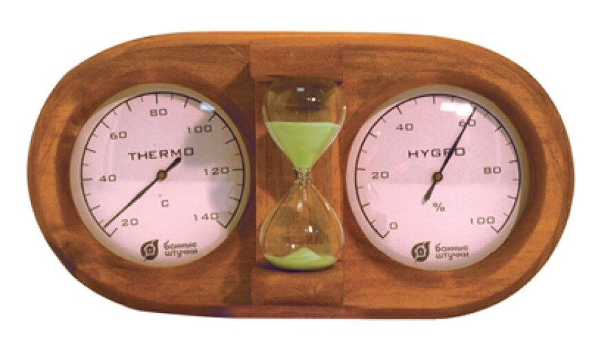 Термометр для бани Банные штучки с гигрометром и песочными часами, настенный, без ртути, деревянный, бежевый, 13.8х7.5х7см / товары для дома
