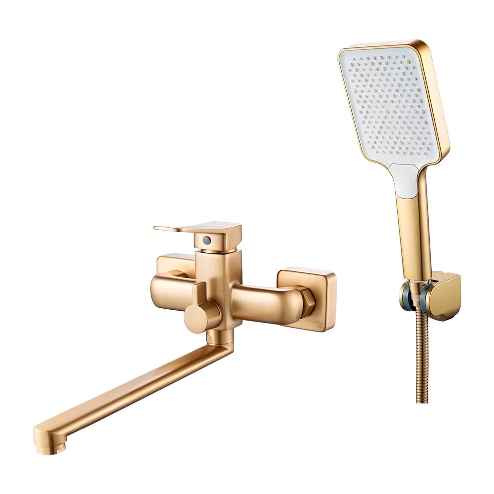 Смеситель с длинным изливом для ванны Shevanik S9922G с душевым гарнитуром, поворотный, латунный, золотой, матовый, смеситель для ванны с душем, рычажный, с настенным держателем