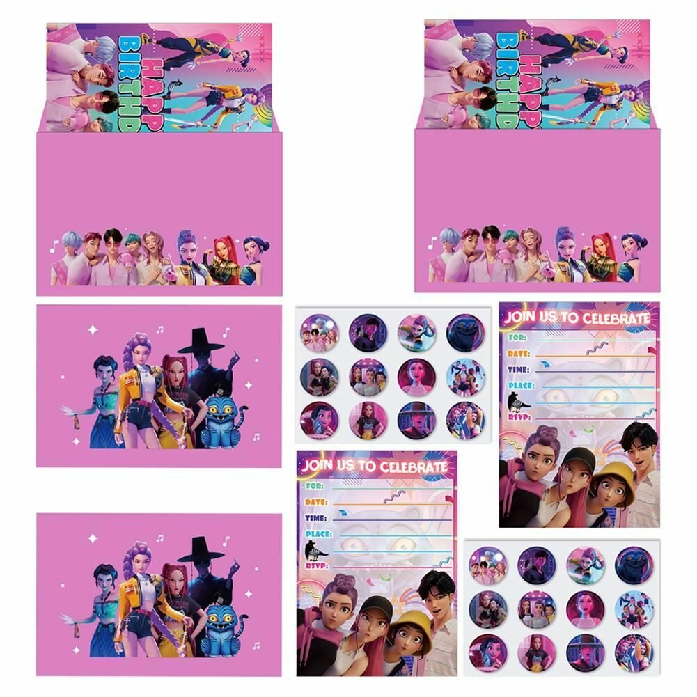 Приглашения на день рождения с мотивом Охотницы на демонов (Demon Hunters) конверты с мультяшными наклейками и декором