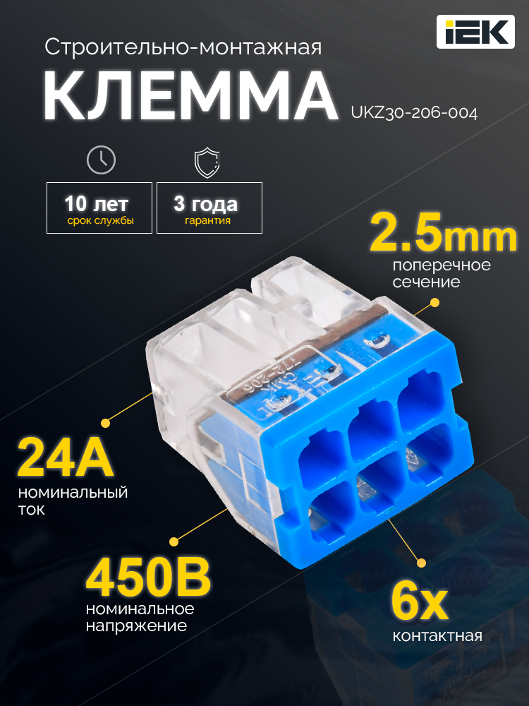 Строительно-монтажная клемма СМК 772-206 компактная IEK без контактной пасты (5шт/упаковка)