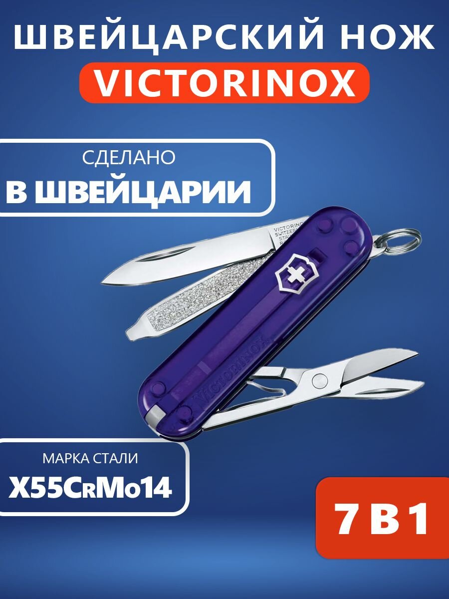 Складной нож-брелок туристический Victorinox Classic SD Colors, 58 мм, 7 функций, "Persian Indigo" 0.6223. T29G