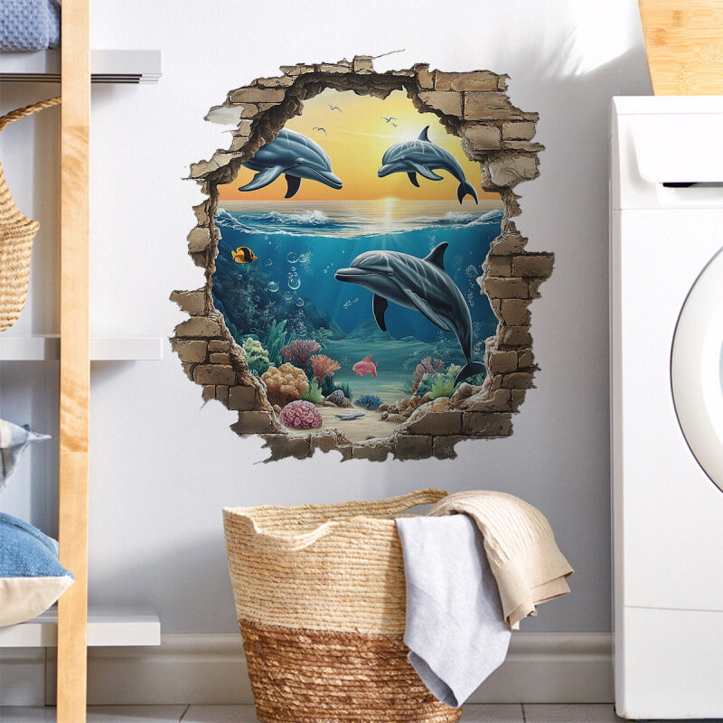 3D-наклейки на стену с дельфинами, подводные сцены из океана, виниловые обои для ванной комнаты, гостиной, спальни, прачечной, съемные самоклеящиеся настенные украшения из ПВХ с рисунком кораллового рифа