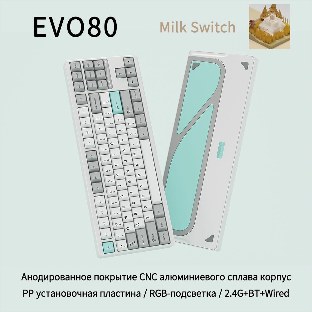 EVOWORKS TickType EVO 80 Milk Silent Switch игровая механическая клавиатура для компьютера / ноутбука с подсветкой, беспроводная и проводная