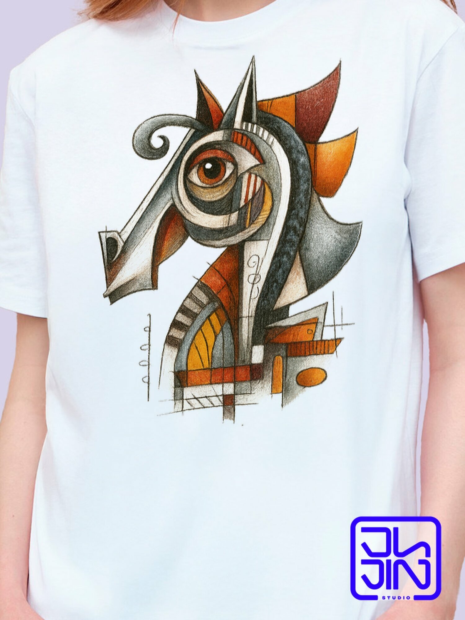 Футболка классическая женская с авторским принтом Абстрактная геометрическая лошадь в стиле кубизм черно белая серо черная, белый хлопковый трикотаж с прикольным рисунком на груди