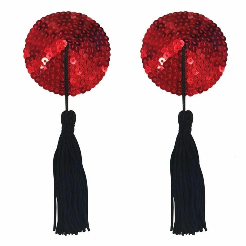 Стразовые накладки на соски с кисточками, Красная круглая бла-бла с блестками