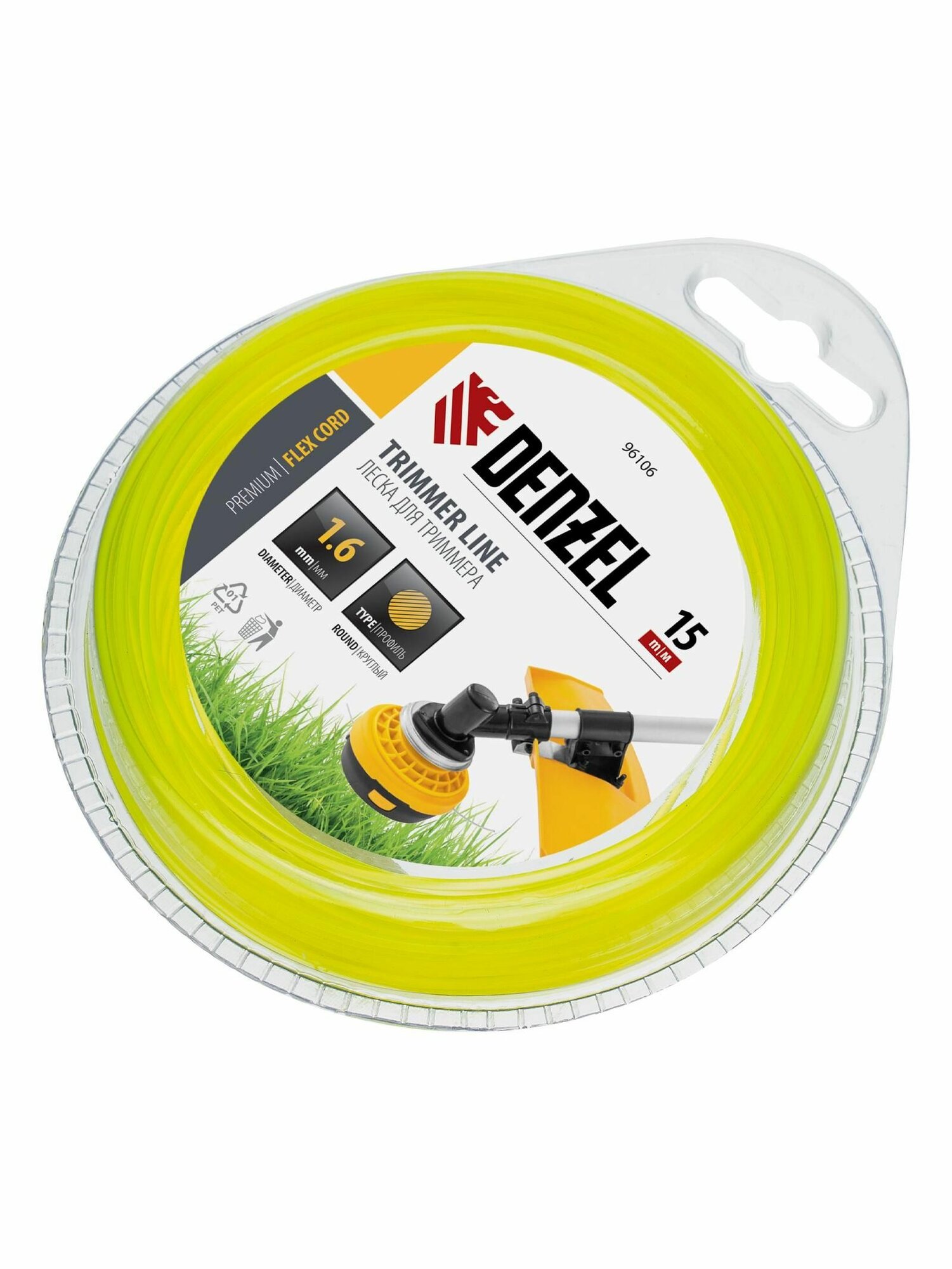 Леска для триммера, круглая 1.6 мм х 15 м, блистер Flex cord Denzel 96106