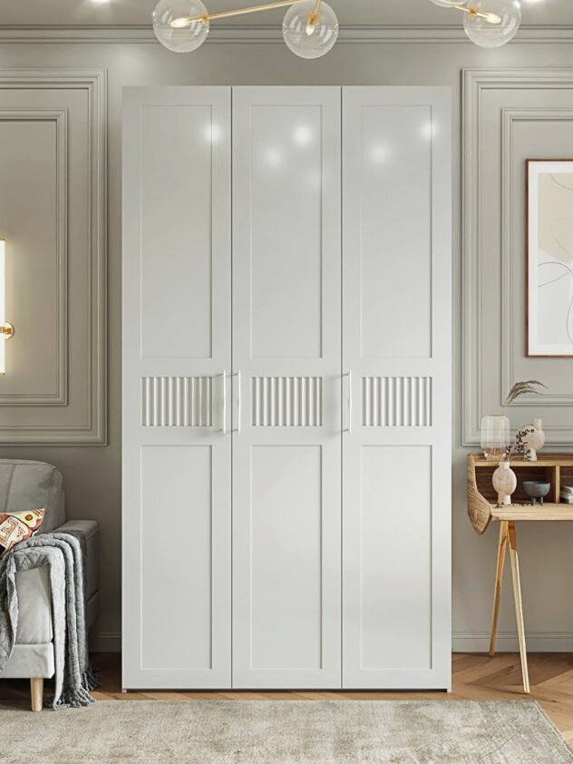 Casa Mia 150x50x260 см. Шкаф для одежды распашной сборный 3-дверный Н1 с полками и штангой, белый, Ручка скоба 224 мм