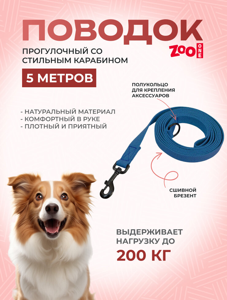 Поводок для прогулок ZooOne брезент синий, 25 мм х 5 м, 73-0246