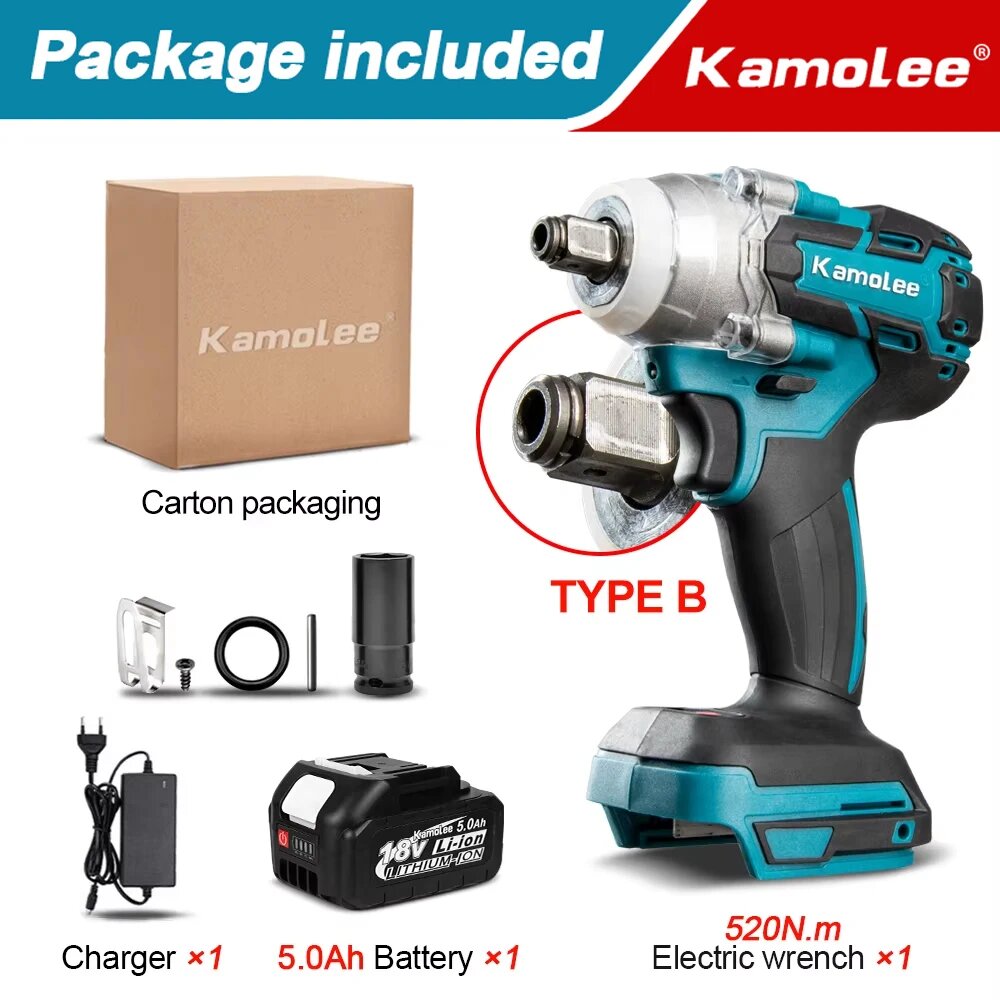 Kamolee DTW285 Аккумуляторный ударный гайковерт 520 Нм, Type B 1xBat Carton