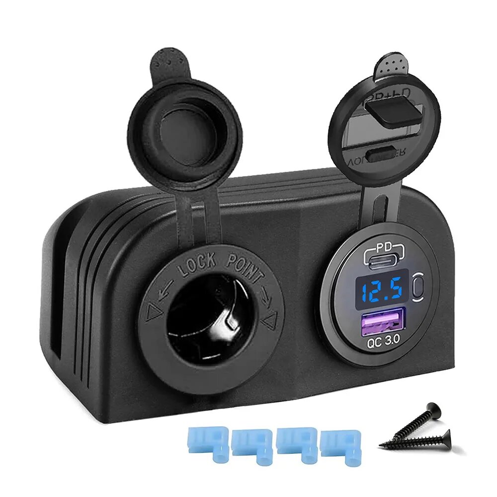 Панель типа палатки PD Type C и QC 3.0 USB Автомобильное зарядное устройство с вольтметром 12 В/24 В Розетка прикуривателя для автомобиля Мотоцикла Лодка RV, Blue Set