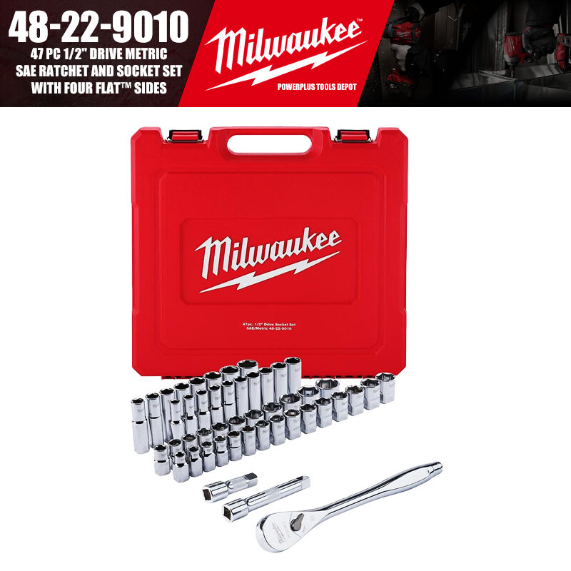 Milwaukee 48-22-9010 Набор трещоток и торцевых головок 47 предметов с приводом 1/2" Metric & SAE с четырьмя плоскими сторонами