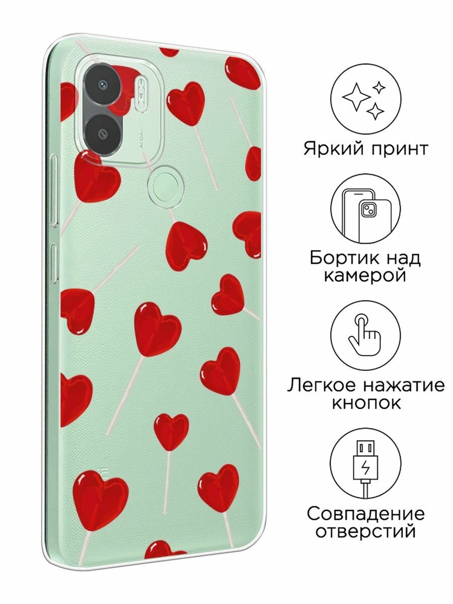 Чехол на Xiaomi Redmi A1+/Redmi A2+/Poco C51/C50 / Редми A1+ с принтом "Сердечки-леденцы 2 - 14 февраля", прозрачный — фото 1