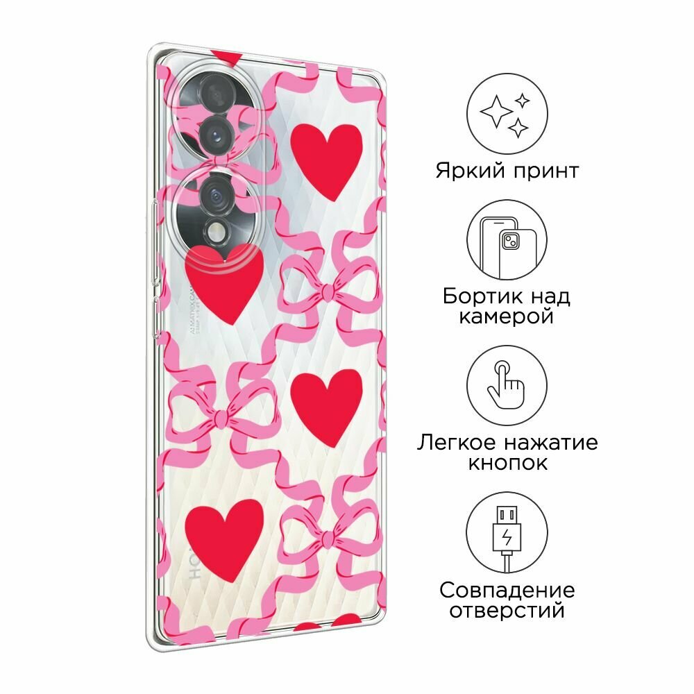 Чехол на Honor 70 / Хонор 70 с принтом "Hearts and ribbons 2 - 14 февраля", прозрачный — фото 1