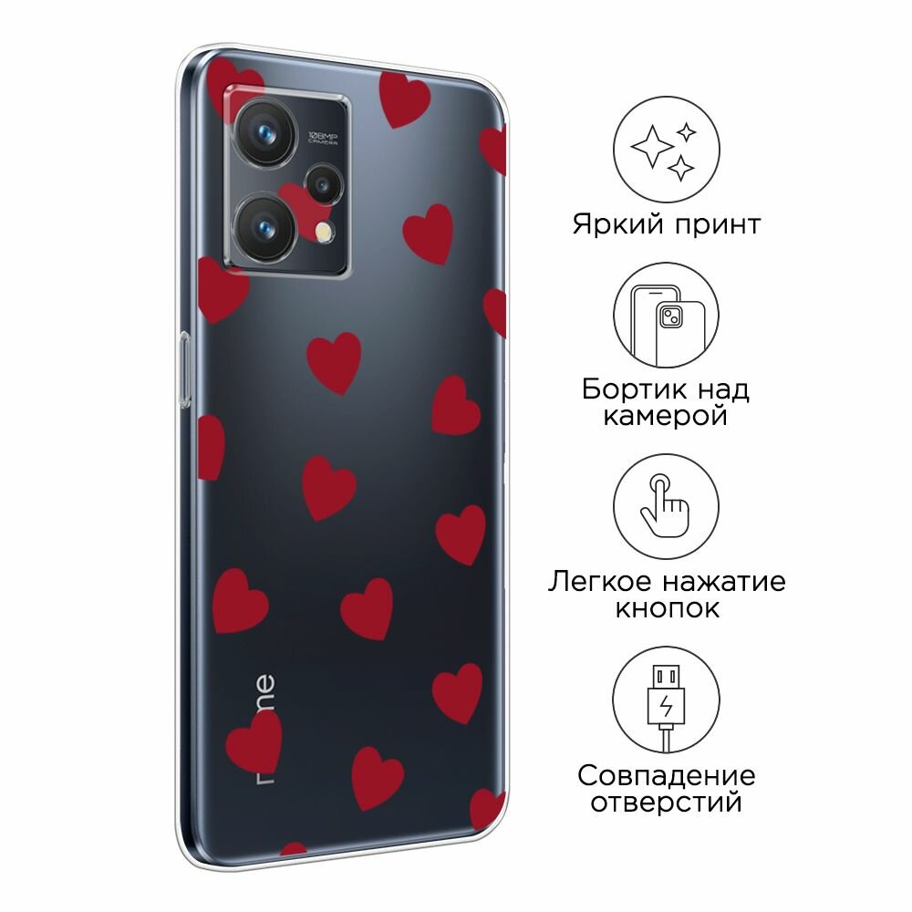 Чехол на Realme 9 4G/9 Pro Plus / Реалми 9 4G/9 Pro Plus с принтом "Бордовые сердечки паттерн - 14 февраля", прозрачный — фото 1