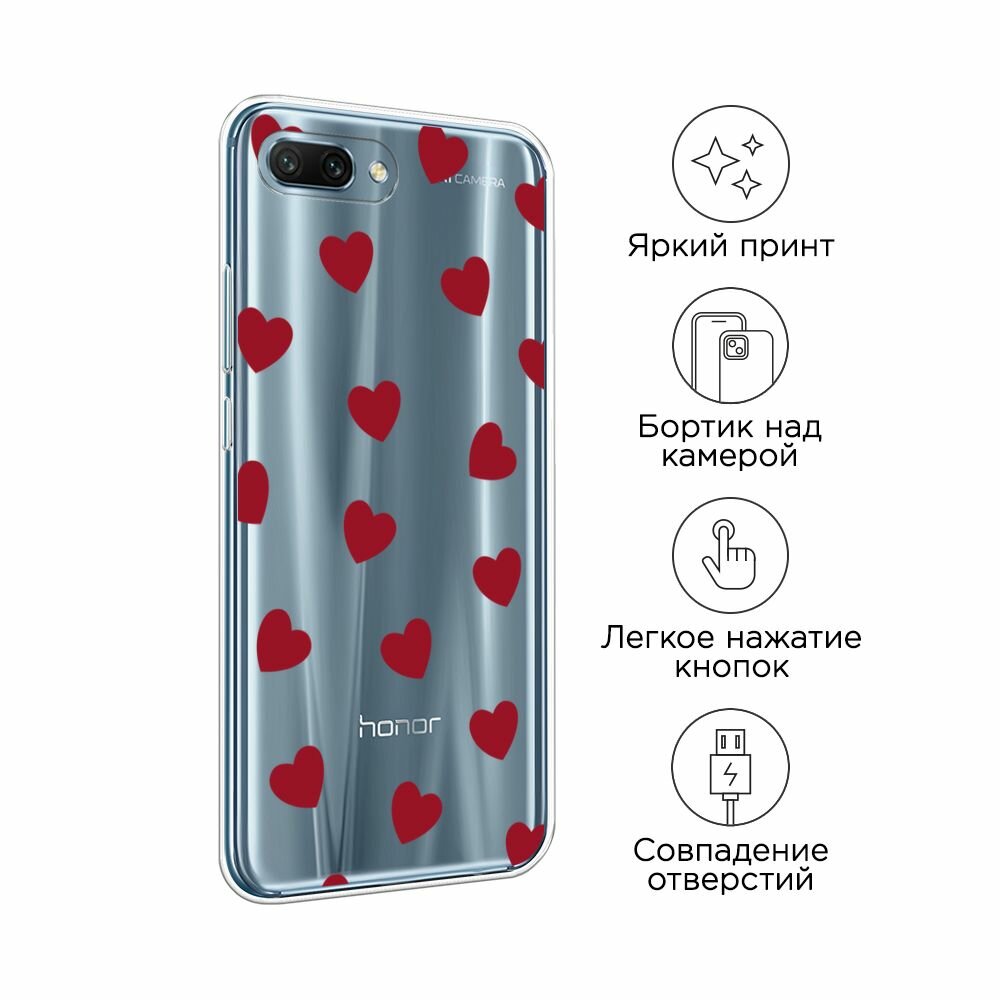 Чехол на Honor 10 / Хонор 10 с принтом "Бордовые сердечки паттерн - 14 февраля", прозрачный — фото 1