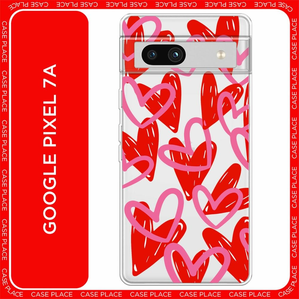 Чехол на Google Pixel 7a / Гугл Пиксель 7a с принтом "Hearts doodles - 14 февраля", прозрачный