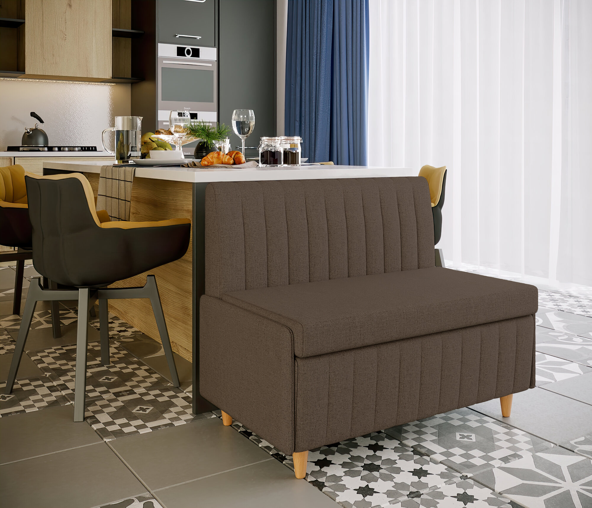 Прямой кухонный диван Мини, Саванна шоколад, рогожка коричневая, ППУ, с ящиком