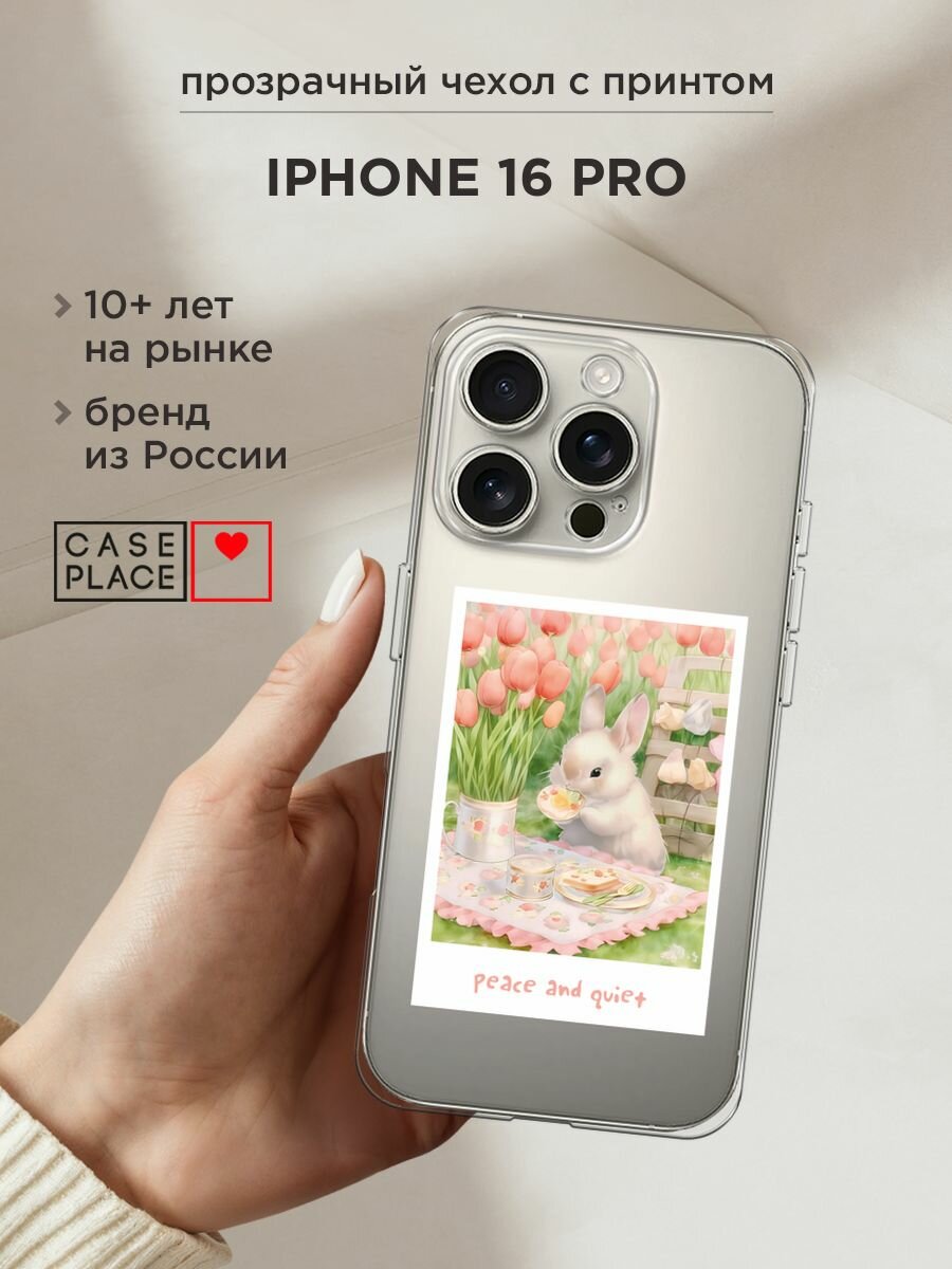 Чехол на Apple iPhone 16 Pro / Айфон 16 Про с принтом "Кролик на пикнике", прозрачный