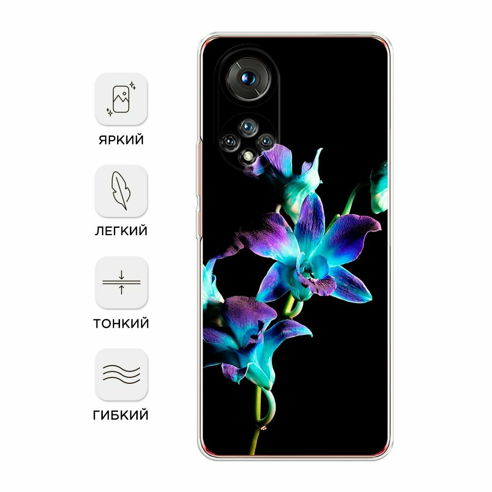 Чехол на Honor 50/Huawei Nova 9 / Хонор 50/Хуавей Нова 9 с принтом "Синий цветок на черном" — фото 1