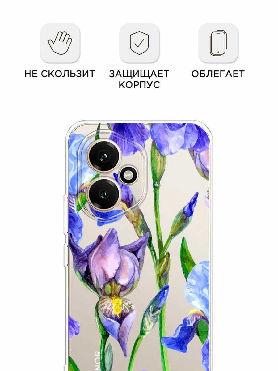 Чехол на Honor 400 / Хонор 400 с принтом "Синие ирисы", прозрачный — фото 1