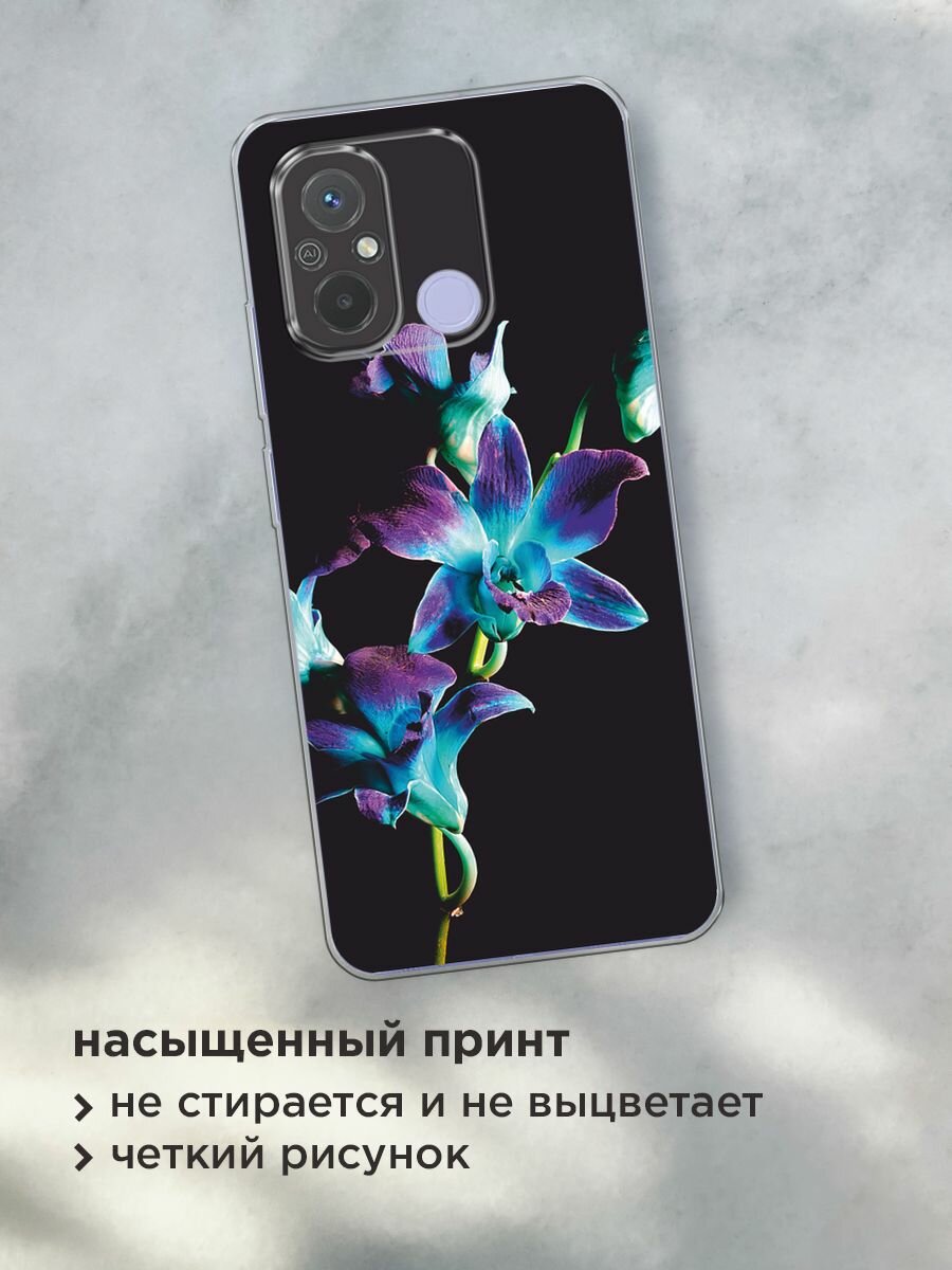 Чехол на Xiaomi Redmi 12C/Poco C55 / Редми 12C/Поко С55 с принтом "Синий цветок на черном" — фото 1