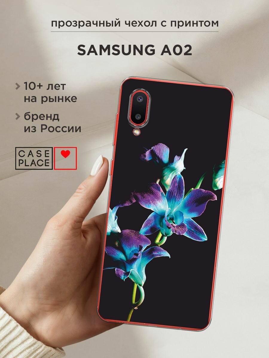 Чехол на Samsung Galaxy A02 / Самсунг Галакси А02 с принтом "Синий цветок на черном"