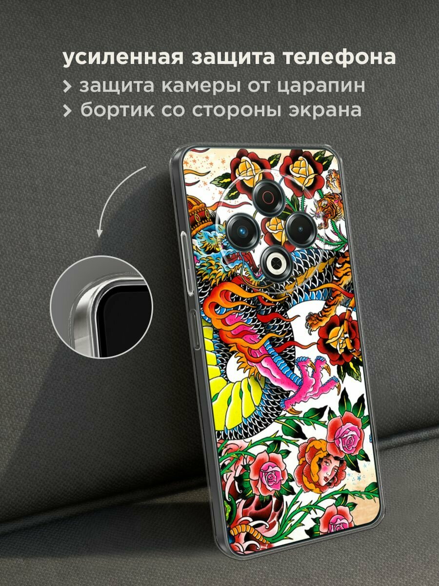 Чехол на Tecno Spark 30 / Текно Спарк 30 с принтом "Дракон в цветах" — фото 1
