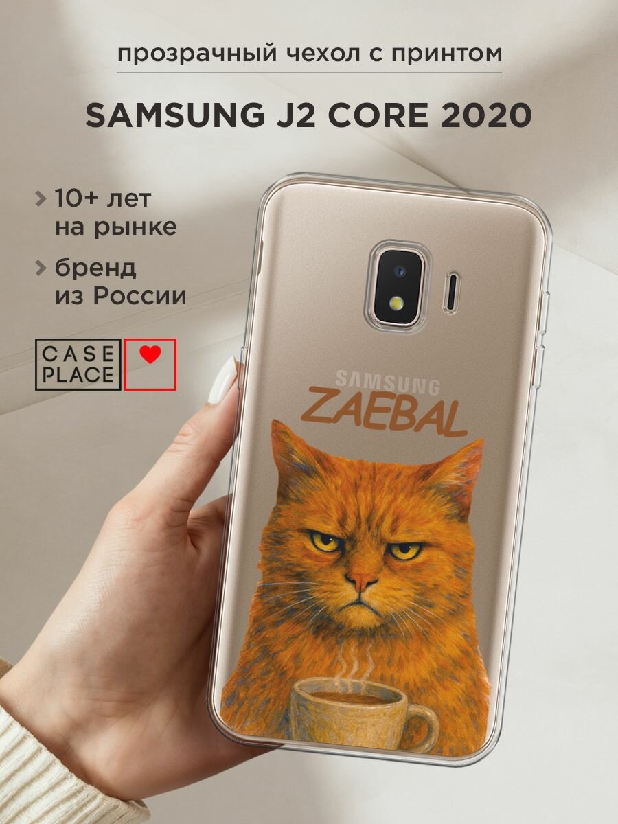 Чехол на Samsung Galaxy J2 Core (2018/2020) с принтом "Рыжий кот с надписью", прозрачный