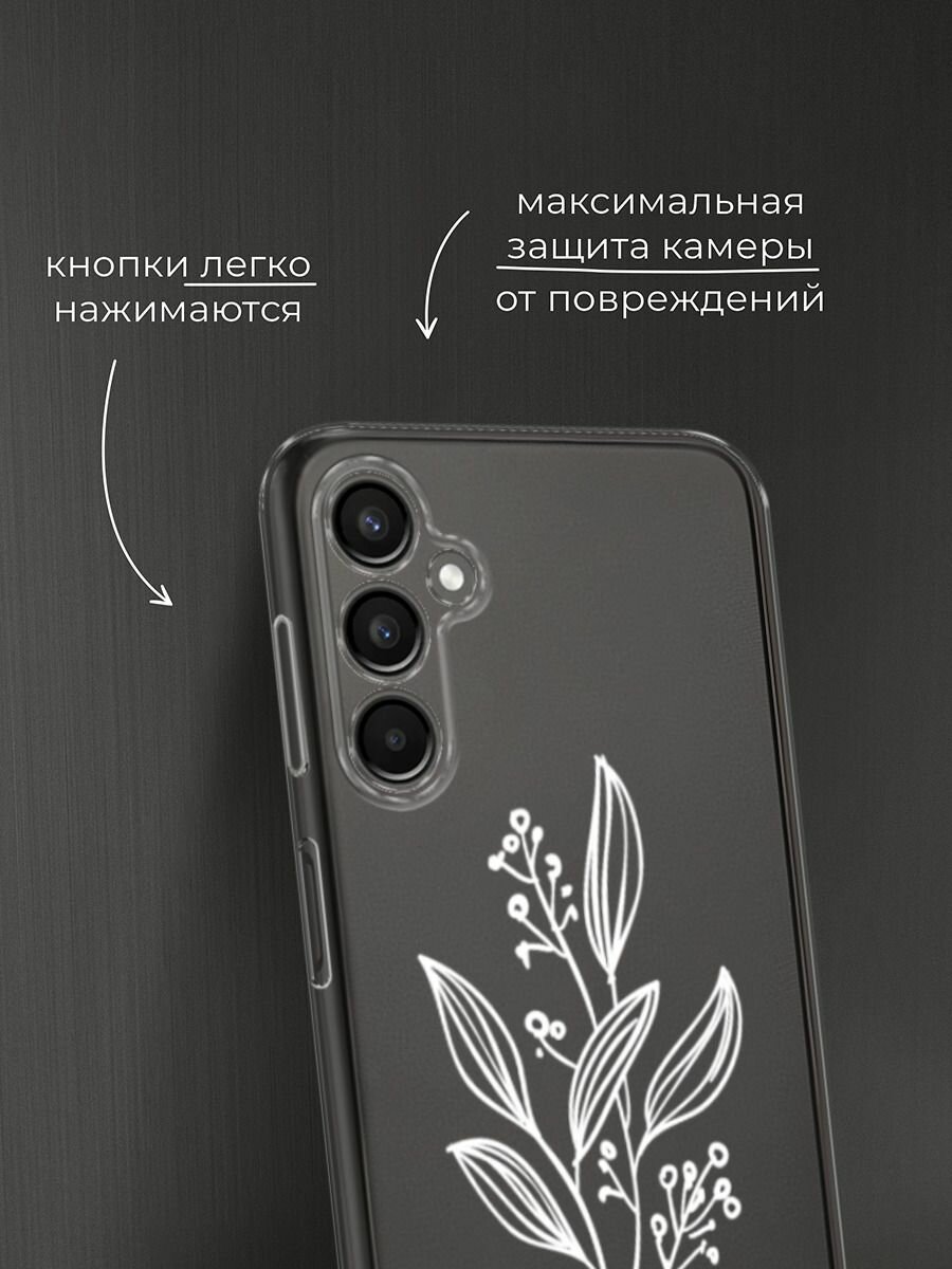 Чехол на Samsung Galaxy A24 / Самсунг Галакси A24 с принтом "Ветка с листочками и цветами", прозрачный — фото 1