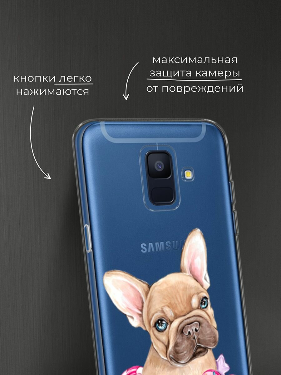Чехол на Samsung Galaxy A6 / Самсунг Галакси А6 с принтом "Бульдог и сладости", прозрачный — фото 1