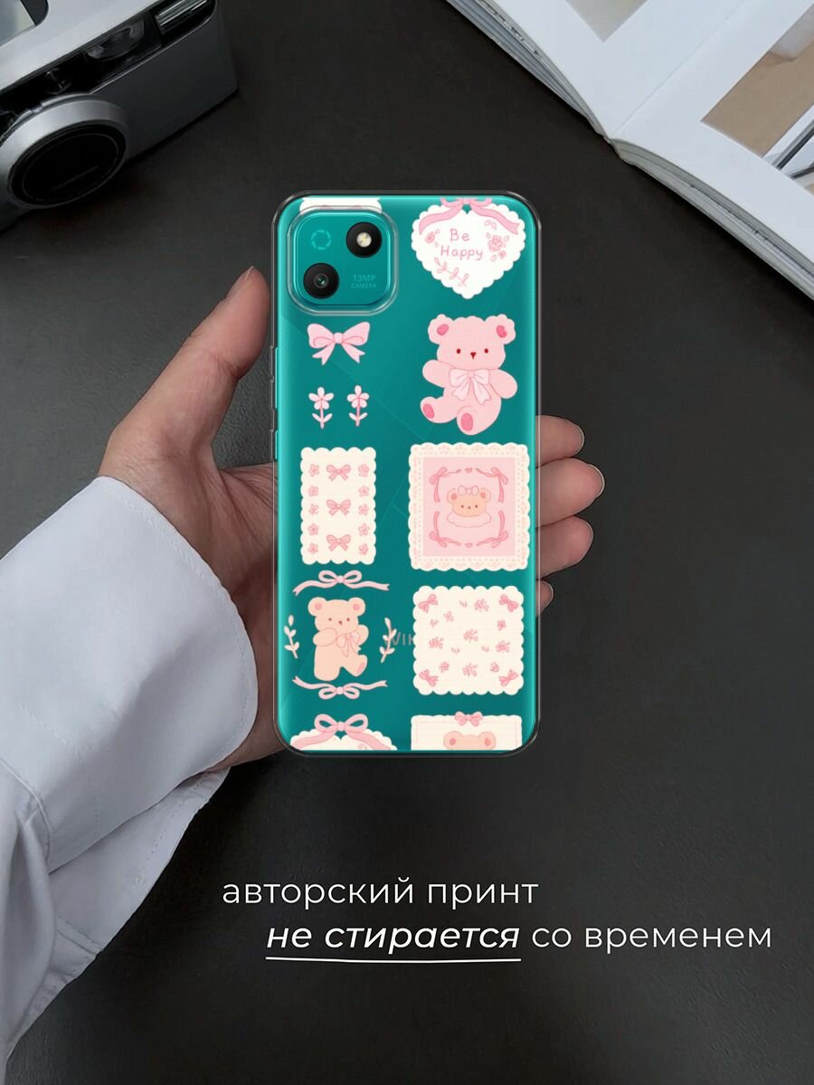 Чехол на Wiko T10 / Вико Т10 с принтом "Розовые марки", прозрачный — фото 1