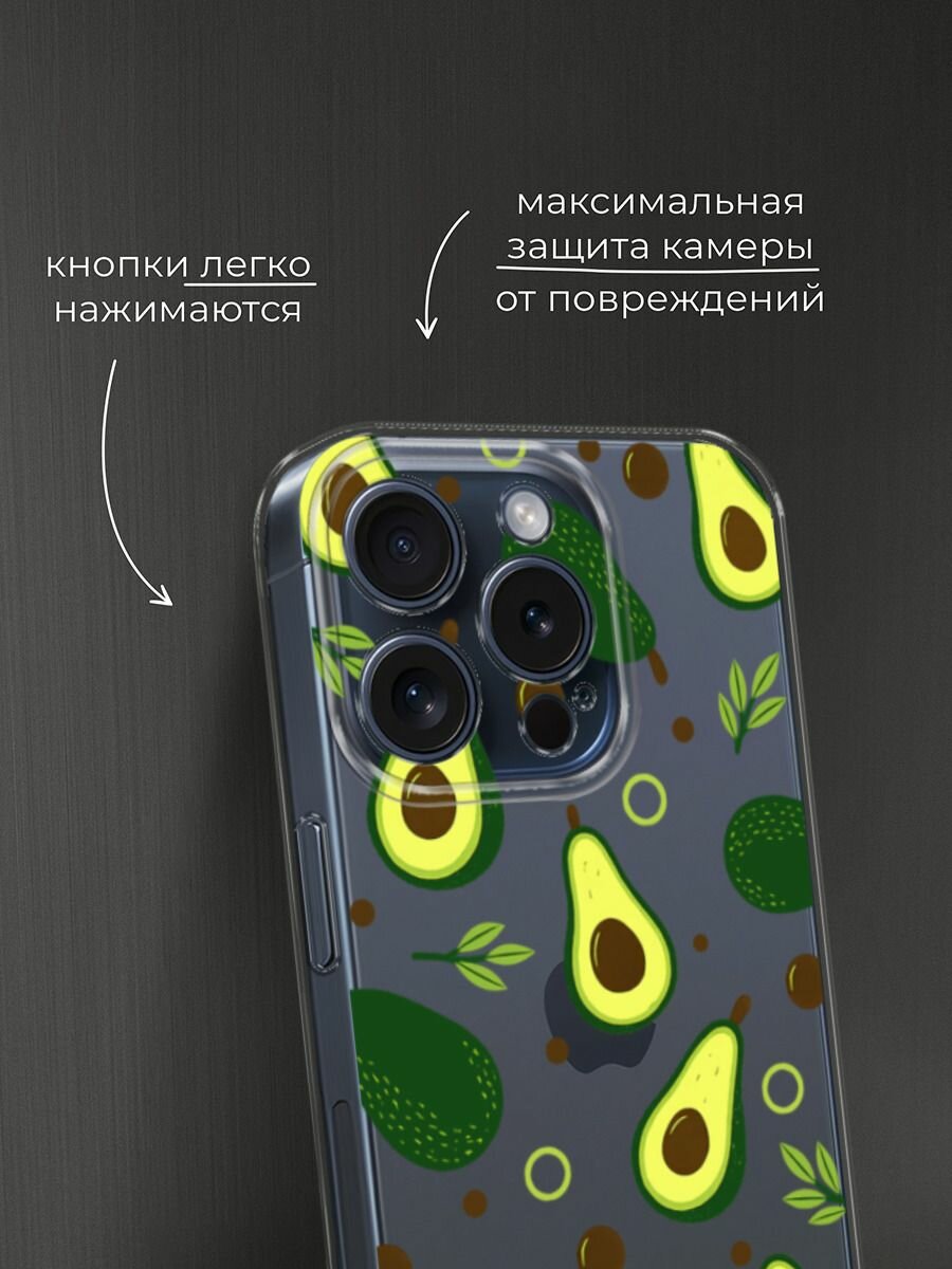 Чехол на Apple iPhone 15 Pro / Айфон 15 Про с принтом "Авокадо паттерн", прозрачный — фото 1