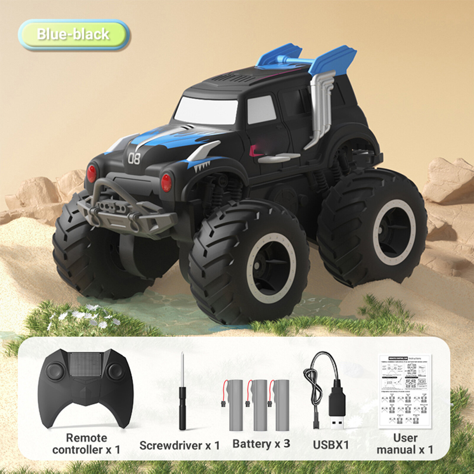 Машинка для трюков с дистанционным управлением, 2,4 ГГц, 4WD, двухстороннее вождение, вездеход, вездеход, наземная и водная лодка с 3 батареями, подарки для детей, мальчиков и девочек, синий