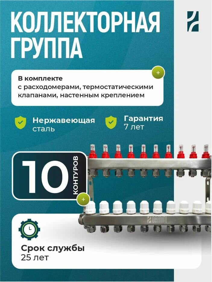 Коллектор для теплого пола на 10 контура + расходомеры + термостатические клапаны GAMINI