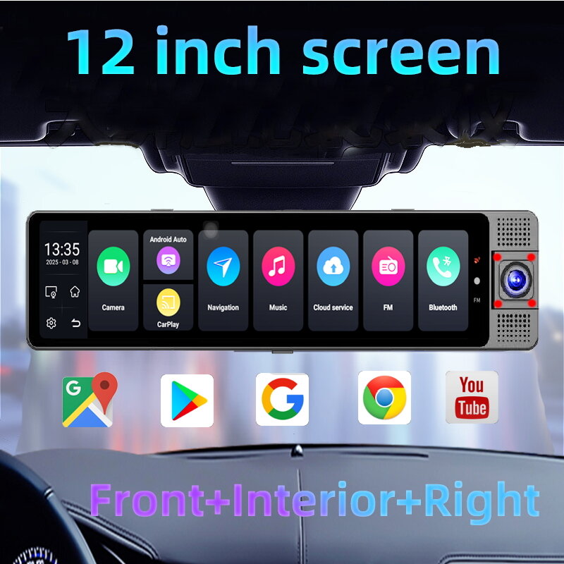 12-дюймовый 4G GPS-навигатор 8-ядерный: CarPlay, Android 12, 3 камеры (4G+64G, FHD, зеркало с регистратором)