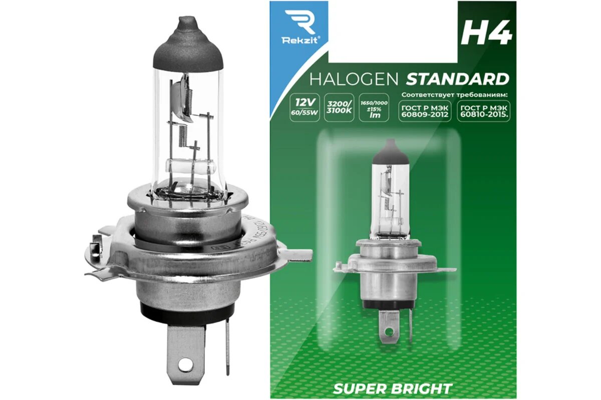Rekzit H4 12V 60/55W P43T Standard галогенная лампа блистер 1 шт 90240 для автофары