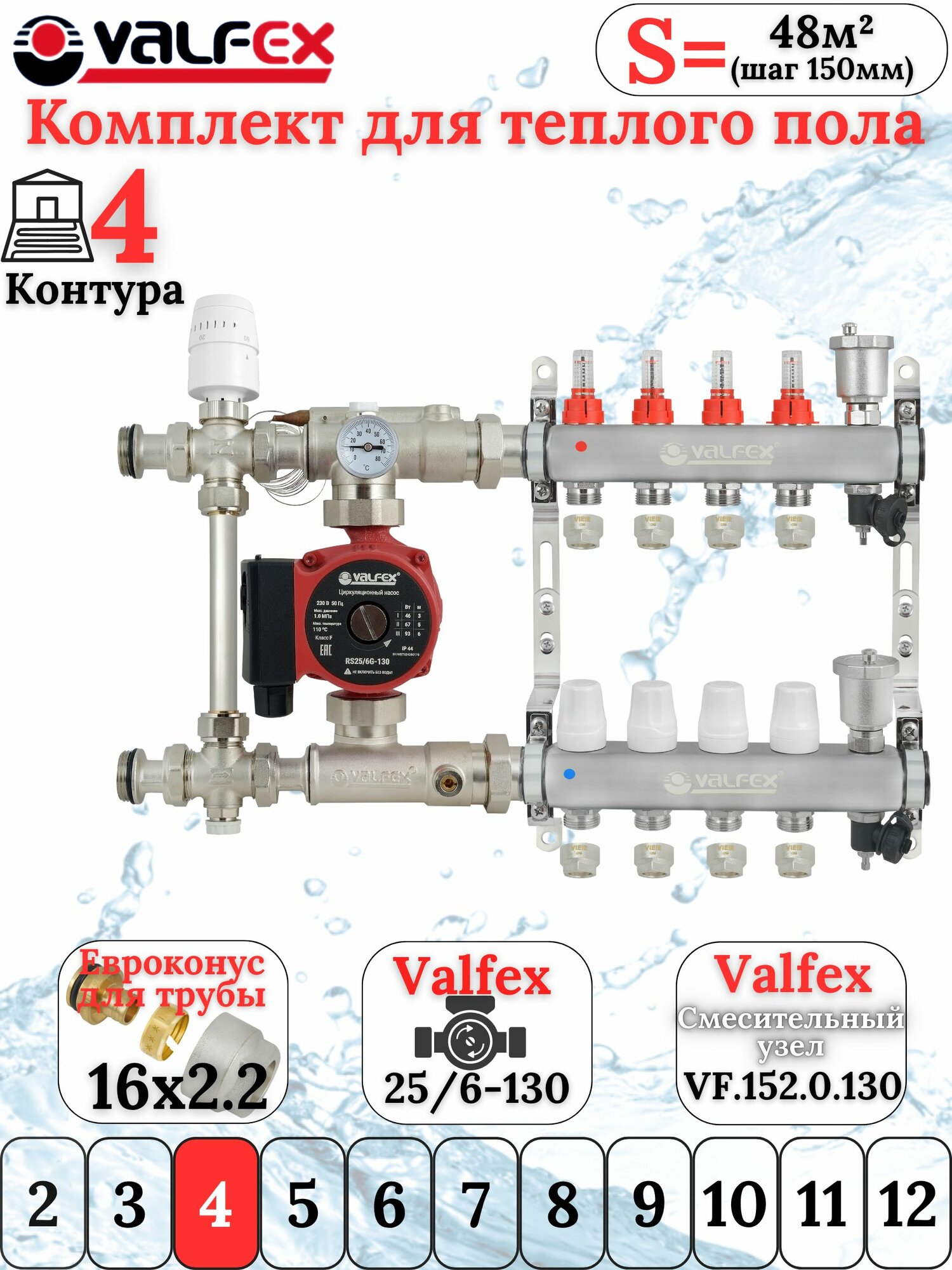 Комплект тёплого пола на 4 контура VALFEX (Коллектор на 4 выхода+Насос+НСУ c байпасом+Евроконусы 16х2,2)